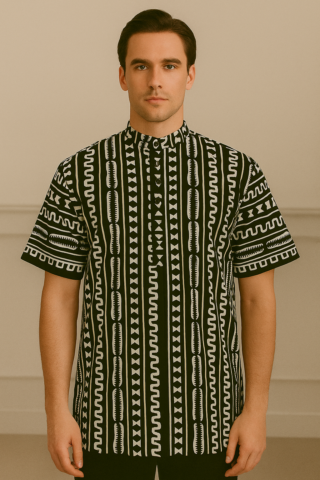 Black And White Ankara Tribe Bishop Collar Shirt - XL - Somtico Fashion Hub